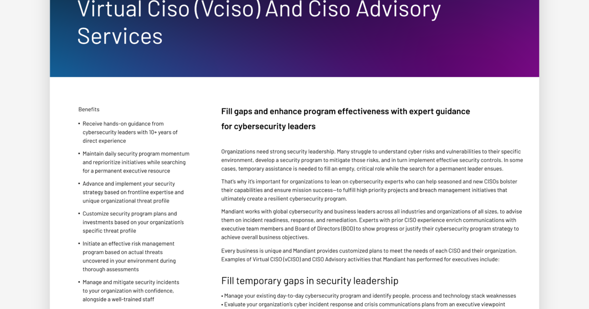 Ciso Advisory Services Virtual Ciso Advisory Services